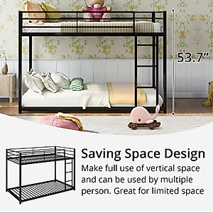 INCLAKE Twin Over Twin Bunk Bed, Heavy Duty Metal Bunk Bed Frame with Built-in Ladder and Safety Guard Rail, Low Bunk Bed for Teens Adults, Noisy Free & No Box Spring Needed, Black