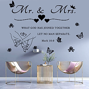 Mr. and Mrs. Wall Decals Wall Art Sticker Peel and Stick Wedding Sayings Art Lettering Stickers Hands with Hearts Romantic Wall Decor Wedding Anniversary Decor Bedroom Living Room Home Decor