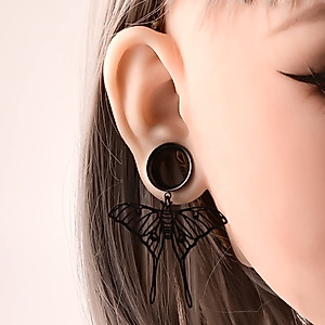 Atomhole 2PCS Butterfly Pendant Ear Plugs Tunnels Hypoallergenic Ear Gauges 316 Stainless Steel Ear Expander Stretcher Earrings Piercing Body Jewelry 2g-1" (6mm-25mm)