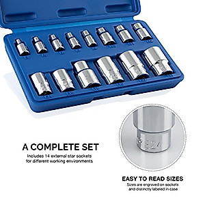 NEIKO 04300A E-Torx Socket Set, 14 Piece, External Torx Socket, E4 to E24, 1/4”, 3/8” and 1/2” Drive, Female Star External Torx, Inverted Torx Socket Set, Cr-V Steel