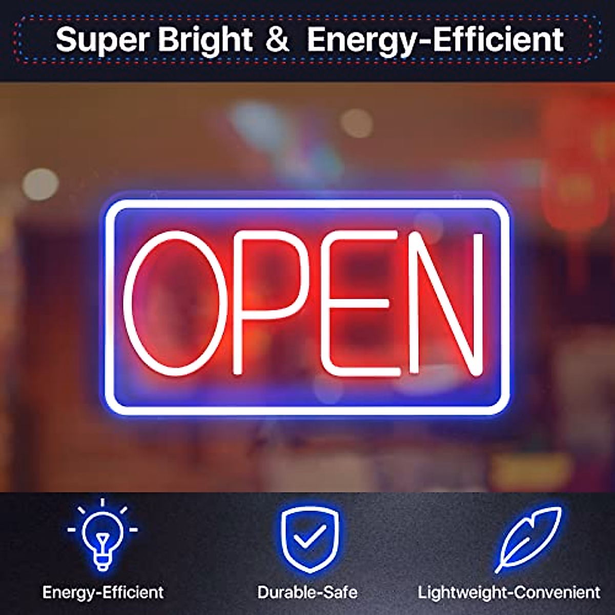 Sugarneon LED Neon Open Sign, 16.5"x 9" Open Sign for Business, Powered by USB with ON/OFF Switch, Adjustable Brightness Neon Lights for Party Bar Salon Stores Hotel Wall Decor Neon Light Sign（Blue/Red-Horizontal）