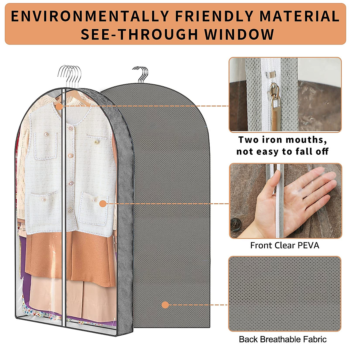 3 Pcs Garment Bags,40"and50" PEVA Moth-Proof Breathable Dust Cover,Clothing Bags for Hanging Clothes with Bedroom,Garment Covers for Suits, Padded Clothes, Shirts Prevent Dust