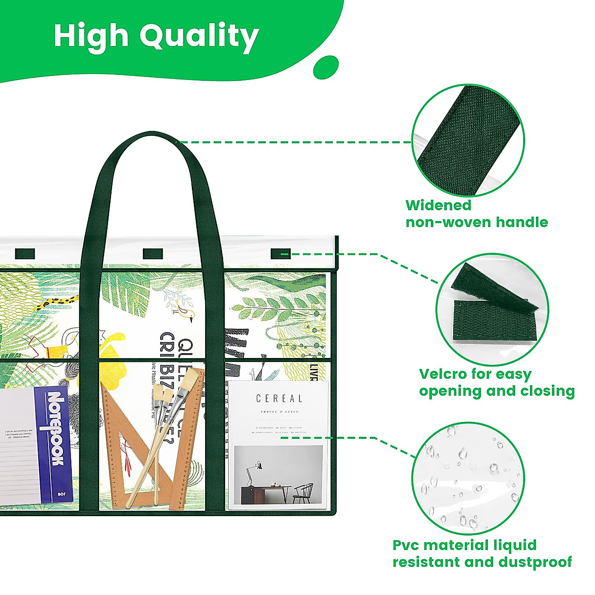 Daily Treasures 2 Pack Large Art Storage Bag with 3 Pocket, (31.5"×25") PVC Art Bags, Dark Green Portfolio Bag with Velcro, Poster Bag for Bulletin Board, Artwork, Flat Poster