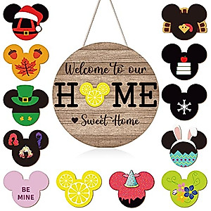 Chenkaiyang 13 Pcs Welcome Sign for Front Door Interchangeable Fall,Seasonal Wreaths Rustic Wood Hanging Signs Welcome Porch Door Sign for Christmas Outdoor Home Porch Decor Gifts,Brown