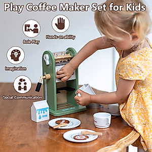 Pretend Play Kitchen Set for Toddlers, Wooden Tea Set for Little Girls, Wood Toy Coffee Maker Set for Kids