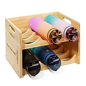 Ollieroo Bamboo Water Bottle Organizer Shelf, Freestanding Water Bottle Holder for Cabinets, Kitchen Countertops, Pantry, Tabletop, 2 Tiers Closet Wine Bottle Storage Rack Holds 6 Bottles(Natual)