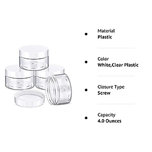 4 Pieces Round Clear Wide-mouth Leak Proof Plastic Container Jars with Lids for Travel Storage Makeup Beauty Products Face Creams Oils Salves Ointments DIY Making or Others (White, 4 Ounce)