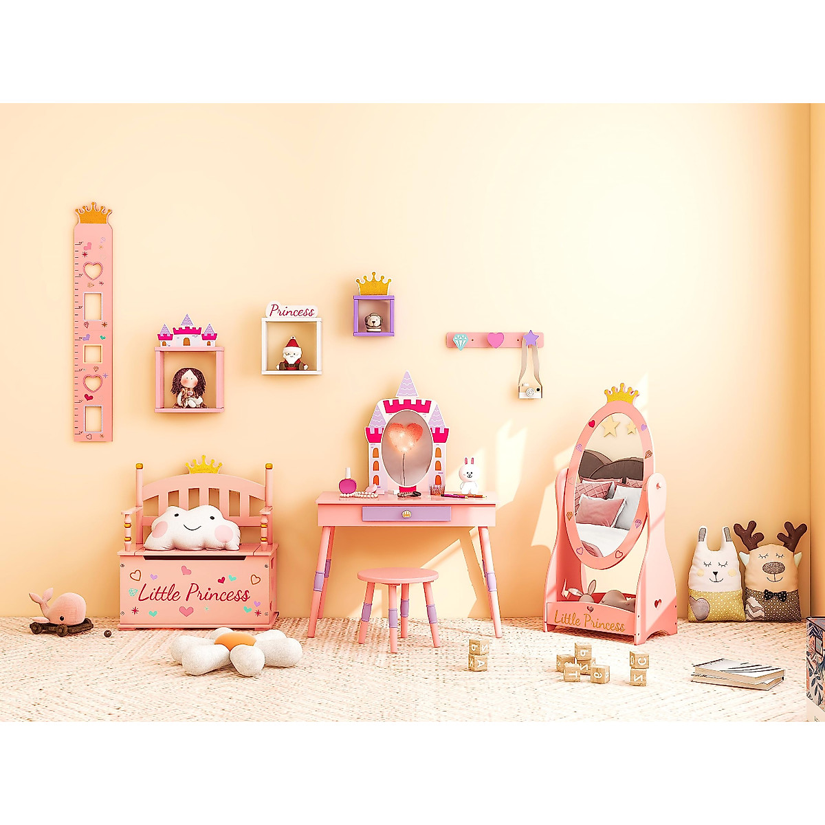 HONEY JOY 3 Piece Kids Vanity Set, Girls Vanity Table & Chair Set, Princess Toy Box, 360° Rotatable Freestanding Dressing Mirror w/Storage Shelf, Kids Room Furniture Set for Playroom Bedroom, Pink