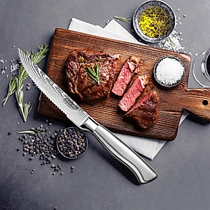 SCOLE® Steak Knives, 4.5 inches Steak Knife Set of 6, Dishwasher Safe Serrated Steak Knives German Stainless Steel Dinner Knives with Gift Box, Silver