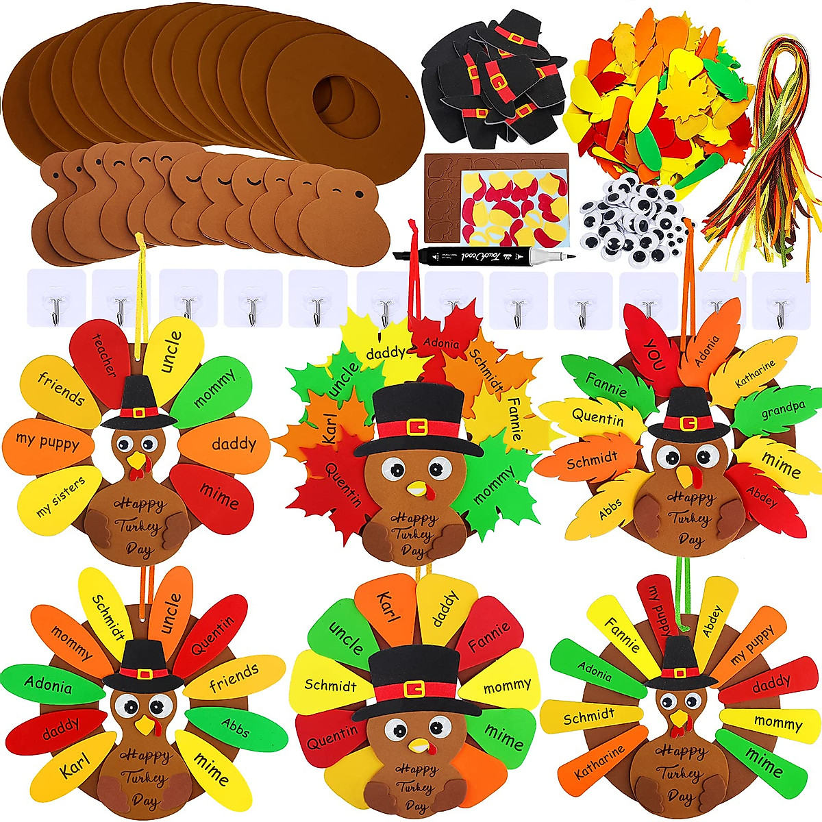 Winlyn 12 Sets Thanksgiving Wreath Signs Decorations Art Sets DIY Thanksgiving Craft Kits Give Thanks Turkey Fall Maple Leaf Foam Stickers Googly Eyes for Kids Party School Home Classroom Activities