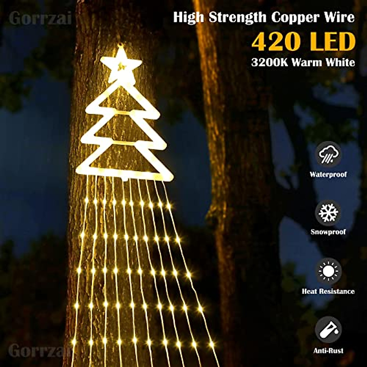Gorrzai Outdoor Christmas Decorations Star String Lights 420 LED Waterproof String Lights with Christmas Tree Topper, 8 Lighting Modes Waterfall Lights for Tree Patio Garden Yard Party (Warm White)