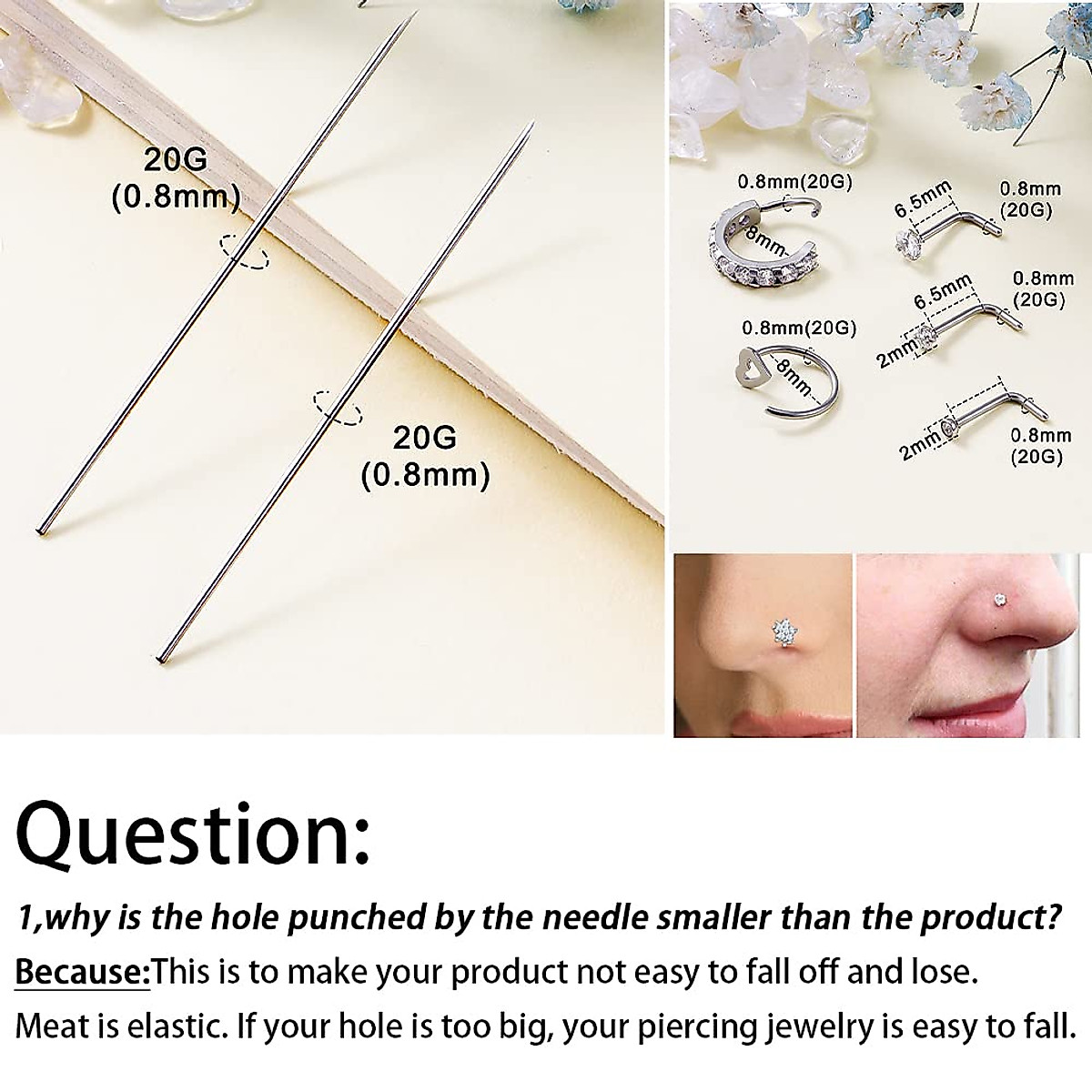 Heienngy 20G Nose Rings Piercing Kit Surgical Stainless Steel Nose Piercing Kit Nose Rings Hoop L Shape Nose Rings Studs 20 Gauge Piercing Needles For Women Men Body Piercing Jewelry Retianer,Silver