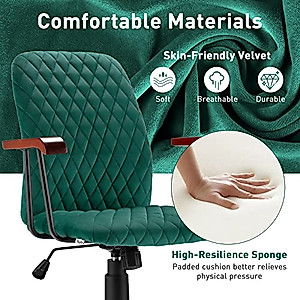 Giantex Home Office Desk Chair Green, Vintage Adjustable Swivel Rolling Chair with Copper Wheels & Armrest, Mid Century Leisure Chair, Velvet Upholstered Computer Chair for Work, Study