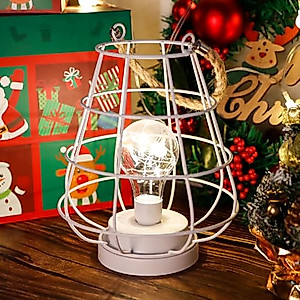 JHY DESIGN Decorative Cage Bulb Lamp Battery Powered Lights 8.5" Tall Cordless Accent Light with Edsion Style Bulb Great for Weddings Parties Patio Events for Indoors Outdoors(White)