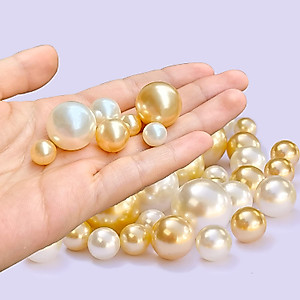 LWQYHTT Pearl for Vase Filler and Transparent Water Gels No Hole Pearl Beads for Wedding Centerpiece Home Table Decor, Pearls for Brush Holder 130PCS (Creamy White, Gold)