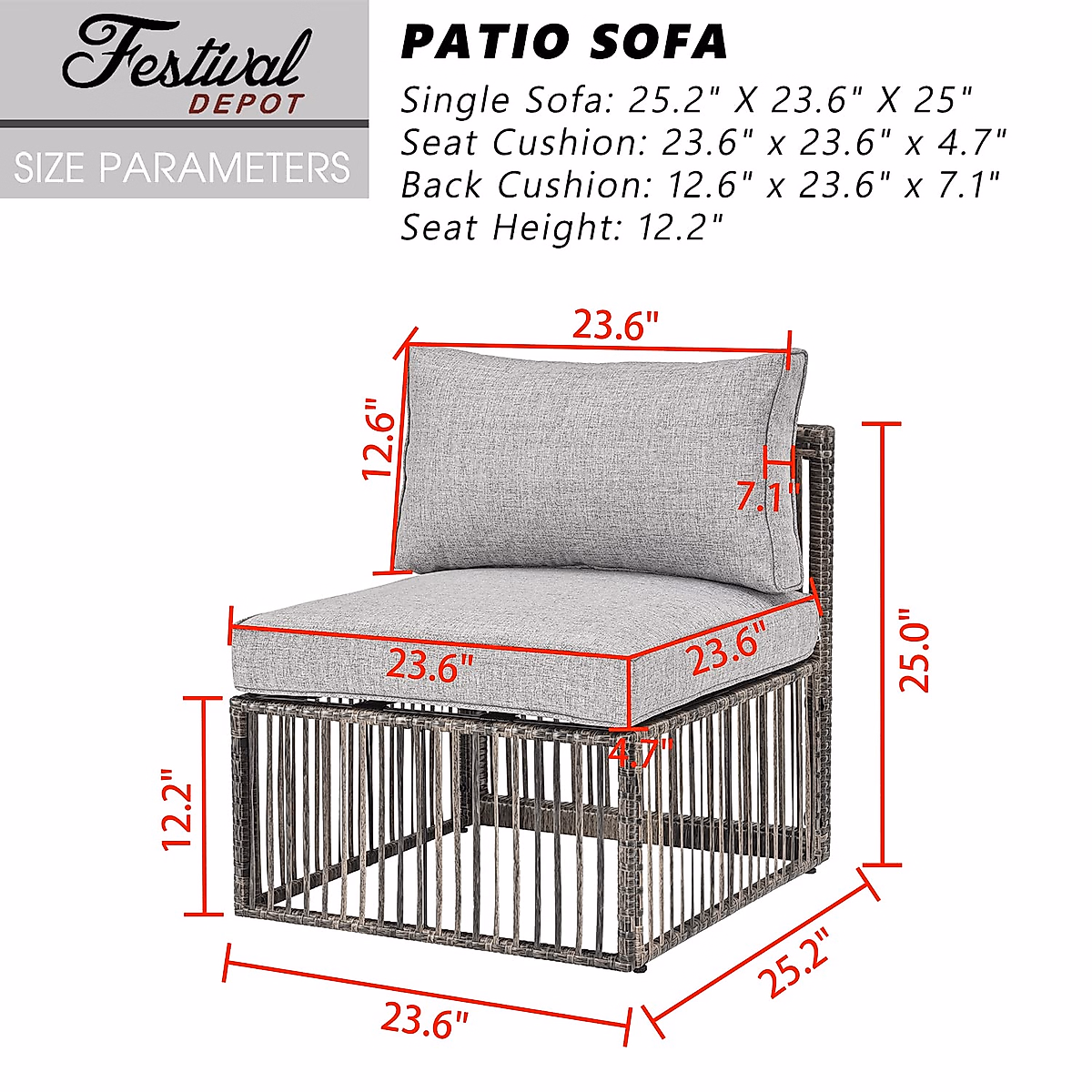 Festival Depot Wicker Patio Single Sofa, Outdoor Armless Chair, All-Weather Brown PE Rattan Couch Chair Waterproof Sectional Furniture for Balcony Garden Pool Lawn Backyard, Grey Thick Cushion