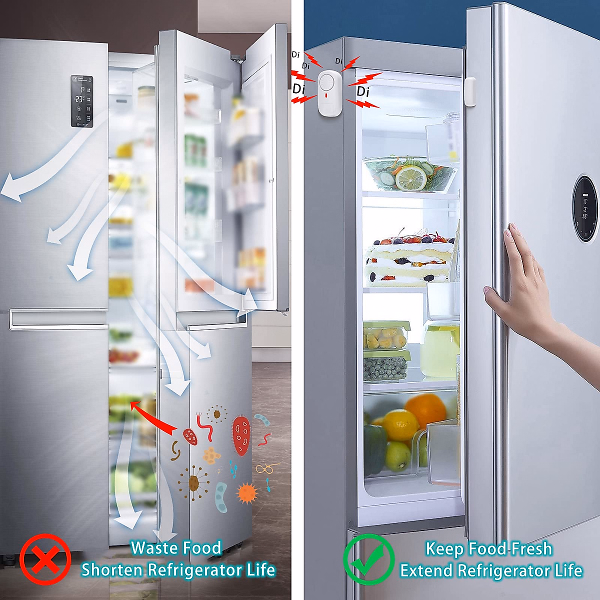 Freezer Door Alarm, Briidea Refrigerator Door Alarm When Left Open, with 60/120/180 Seconds Delay Alert, Remind You Close Your Fridge Door, Avoid Food Waste