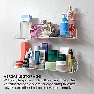 Vervo Acrylic Shower Bathroom Shelves, 2 Pack Adhesive Transparent Caddy Organization, Clear Home Wall Shelf, Floating, No Drilling Extra Thick Storage and Decor