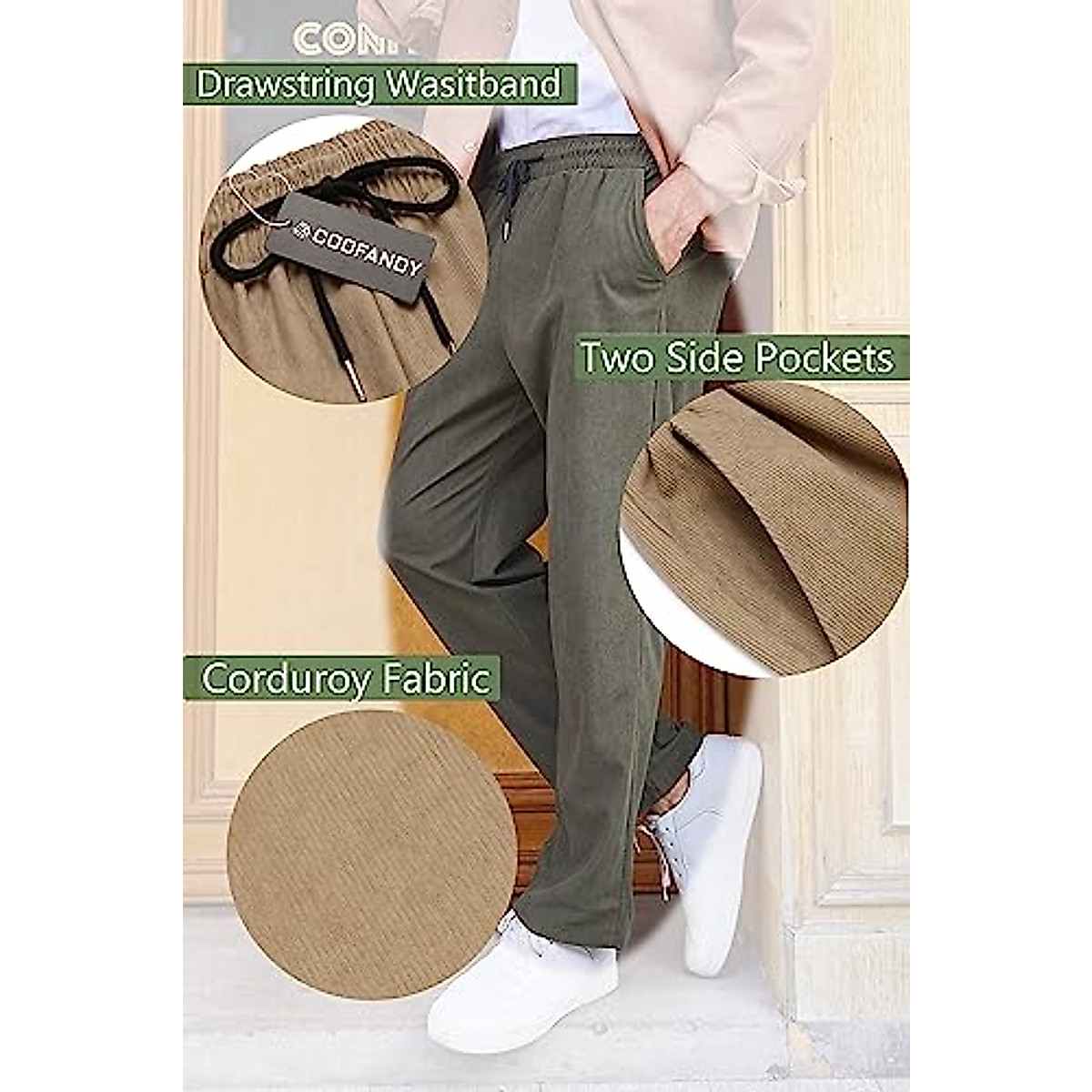 COOFANDY Men's Jogger Pants Running Hiking Drawstring Trousers Work Sweatpants Khaki