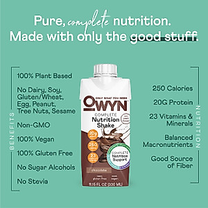OWYN Plant-Based Complete Nutrition Protein Shake, Chocolate, 20g plant based protein, 23 Vitamins Minerals, Vegan Nutritional Shake, Gluten, Soy, and Tree Nut-Free (Chocolate, 12 pack)