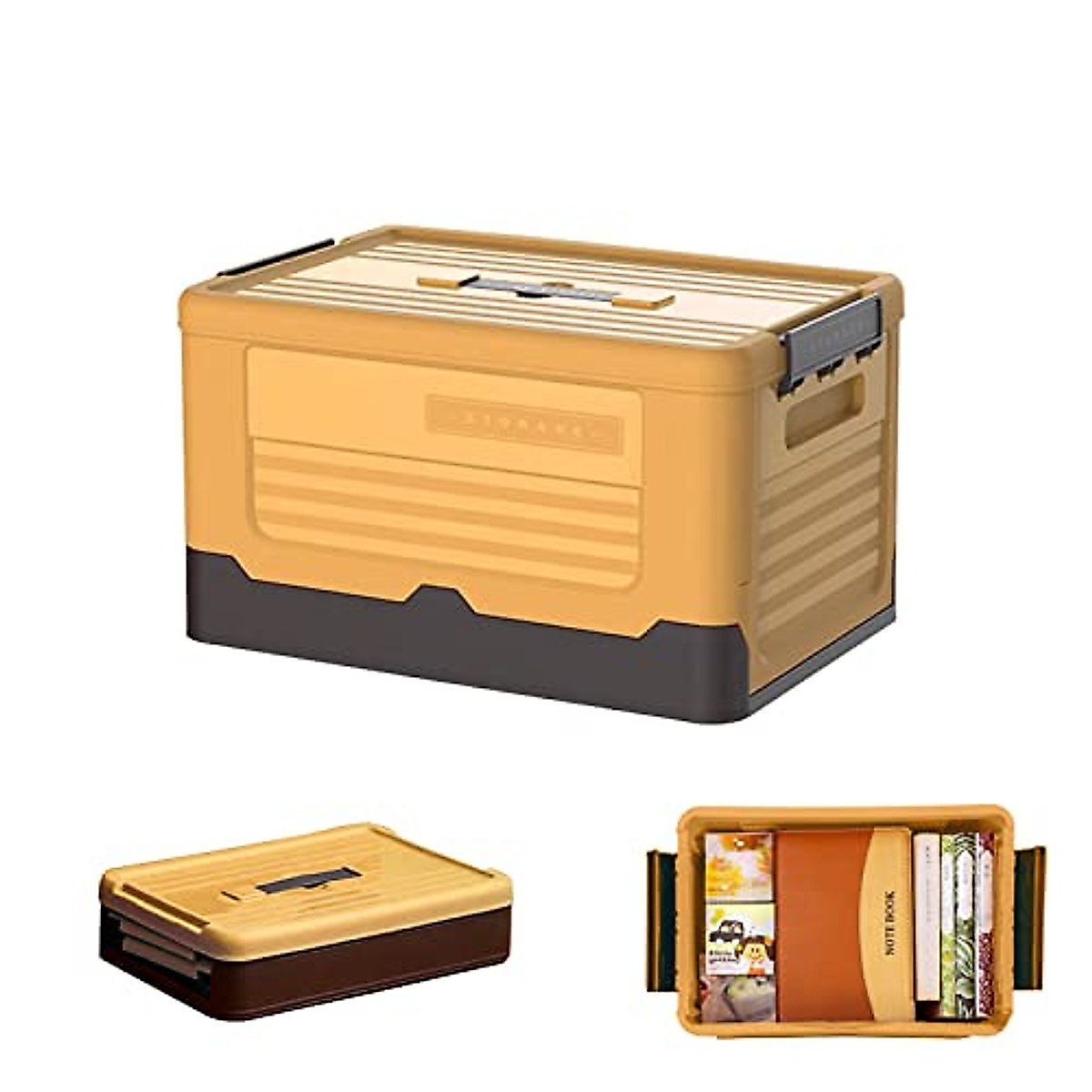 ORIJOYNA Collapsible Storage Bins with Lids 6Gal Folding Plastic Stackable Utility Storage Container Heavy Duty withstand 60 Lbs Multifunctional Storage Box for Grocery,Books,Clothes,Shoes(23L,Yellow)