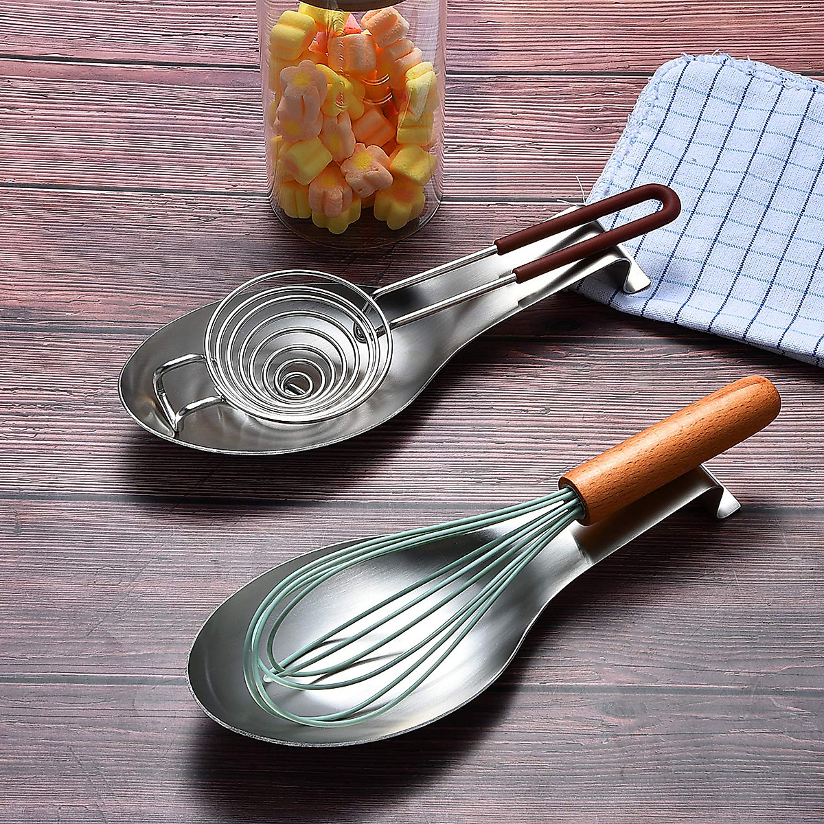 Supkiir Spoon Rest, 4 Pack Spoon Spatula Rest Stainless Steel for Kitchen Restaurant Home Use, Dishwasher Safe