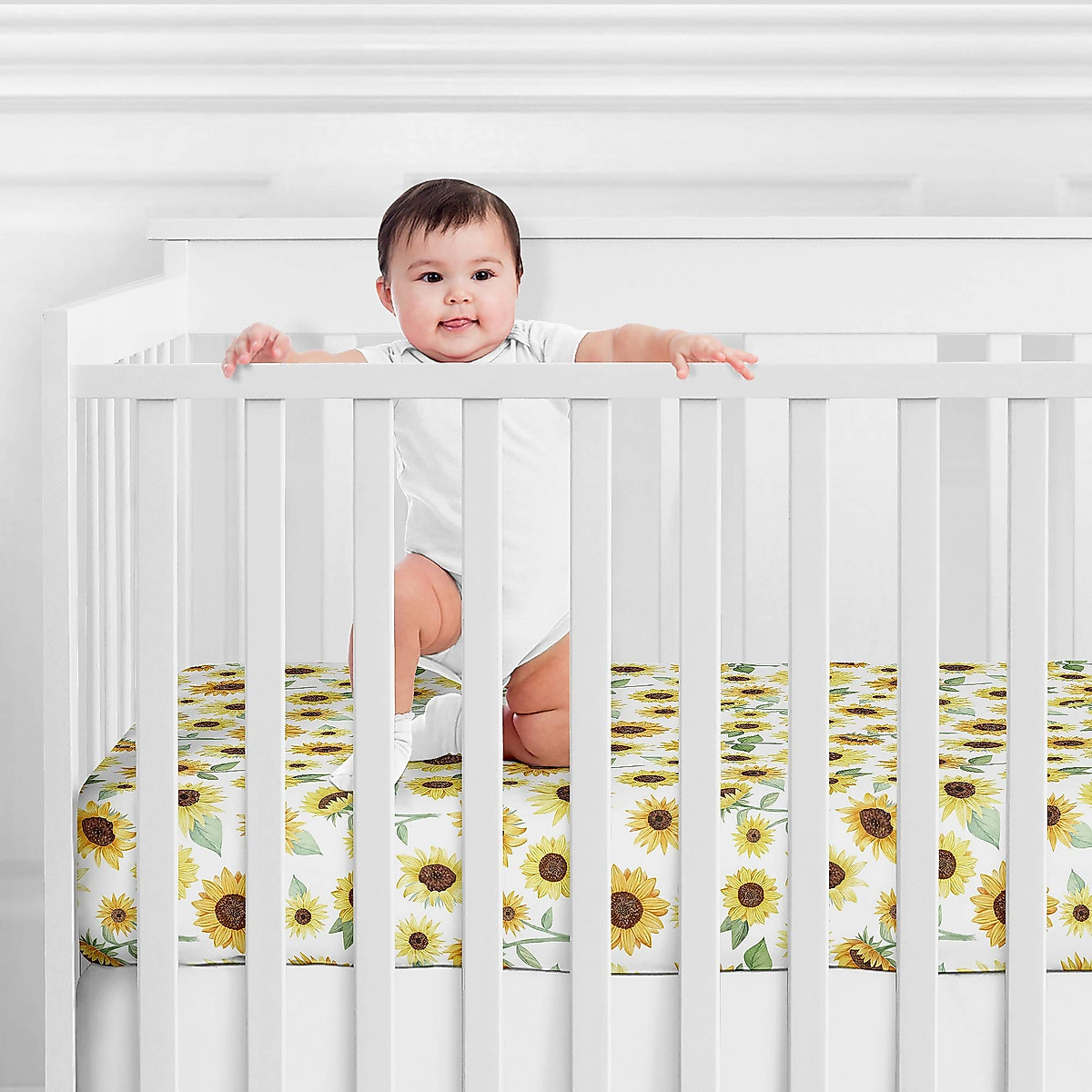 Sweet Jojo Designs Sunflower Girl Jersey Stretch Knit Baby Fitted Crib Sheet for Soft Toddler Bed Nursery - Yellow and Green Farmhouse Floral Watercolor Flower