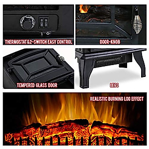 FDW Electric Fireplace Heater 20" Freestanding Fireplace Stove Portable Space Heater with Thermostat for Home Office Realistic Log Flame Effect 1500W CSA Approved Safety 20"Wx17"Hx10"D,Black