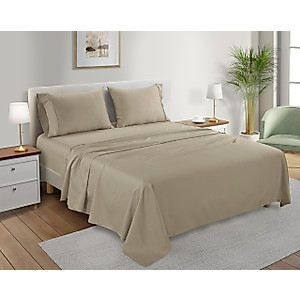 100% Organic Cotton Queen Sheet Set & Standard Pillowcases Set of 2 Combo- 300 Thread Count Long Staple Cotton Sheets,3 Pc Queen Size Sheets & Standard Pillowcases, Sateen Sheets, Breathable - Tan