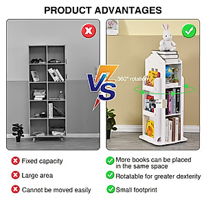 LEATOVOP Rotating Bookshelf, 360 Display 3 Tier Floor Standing Bookcase Storage Rack, Kids Book Shelf Organizer, Small Corner Bookshelf for Small Space, for Bedroom, Living Room, White