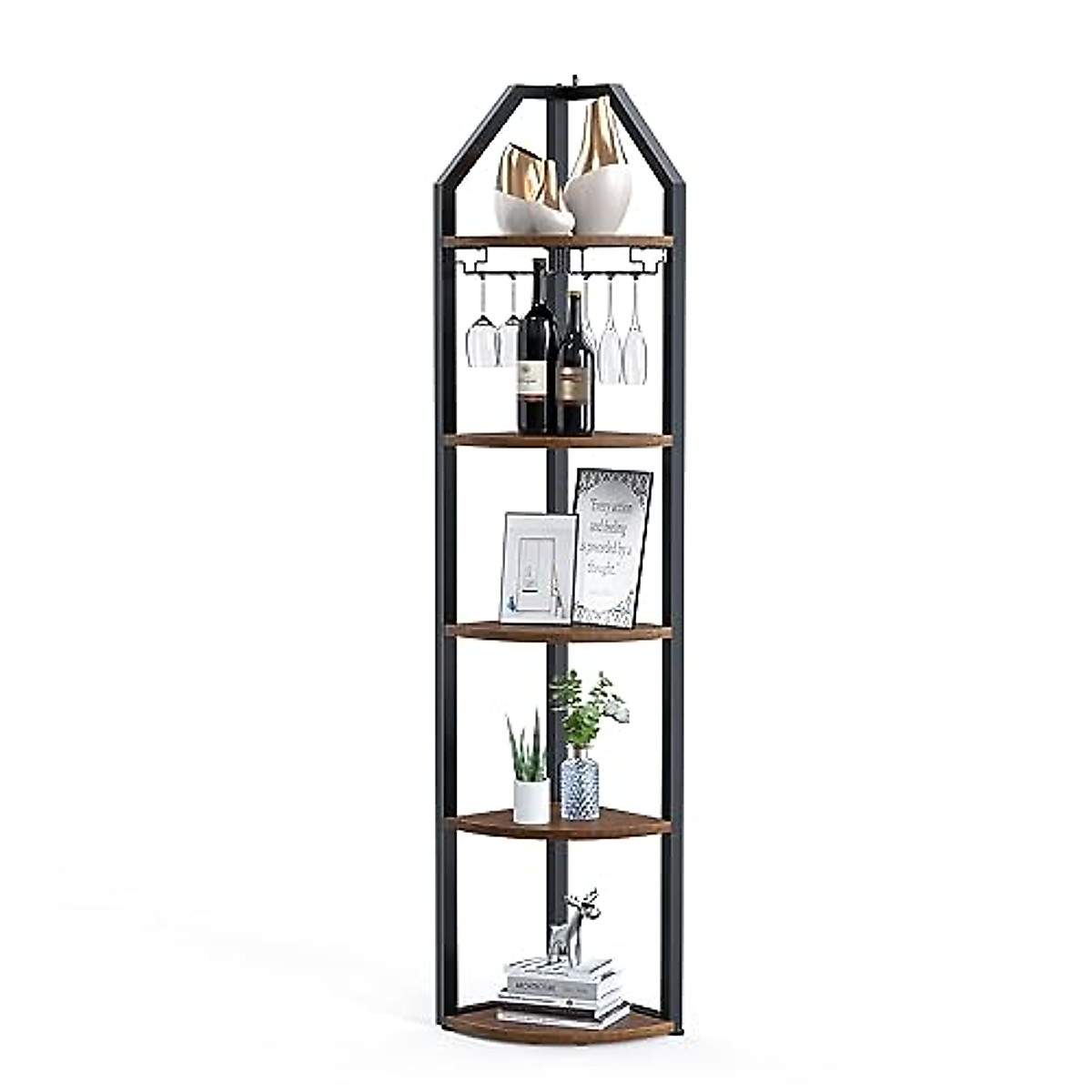 SAUCE ZHAN 70 Inch Rustic Corner Shelf 5 Tier Tall Corner Bookshelf with Storage Industrial Corner Shelf Stand with Goblet Holder Wooden Bookcase for Living Room, Kitchen, Small Space - Brown