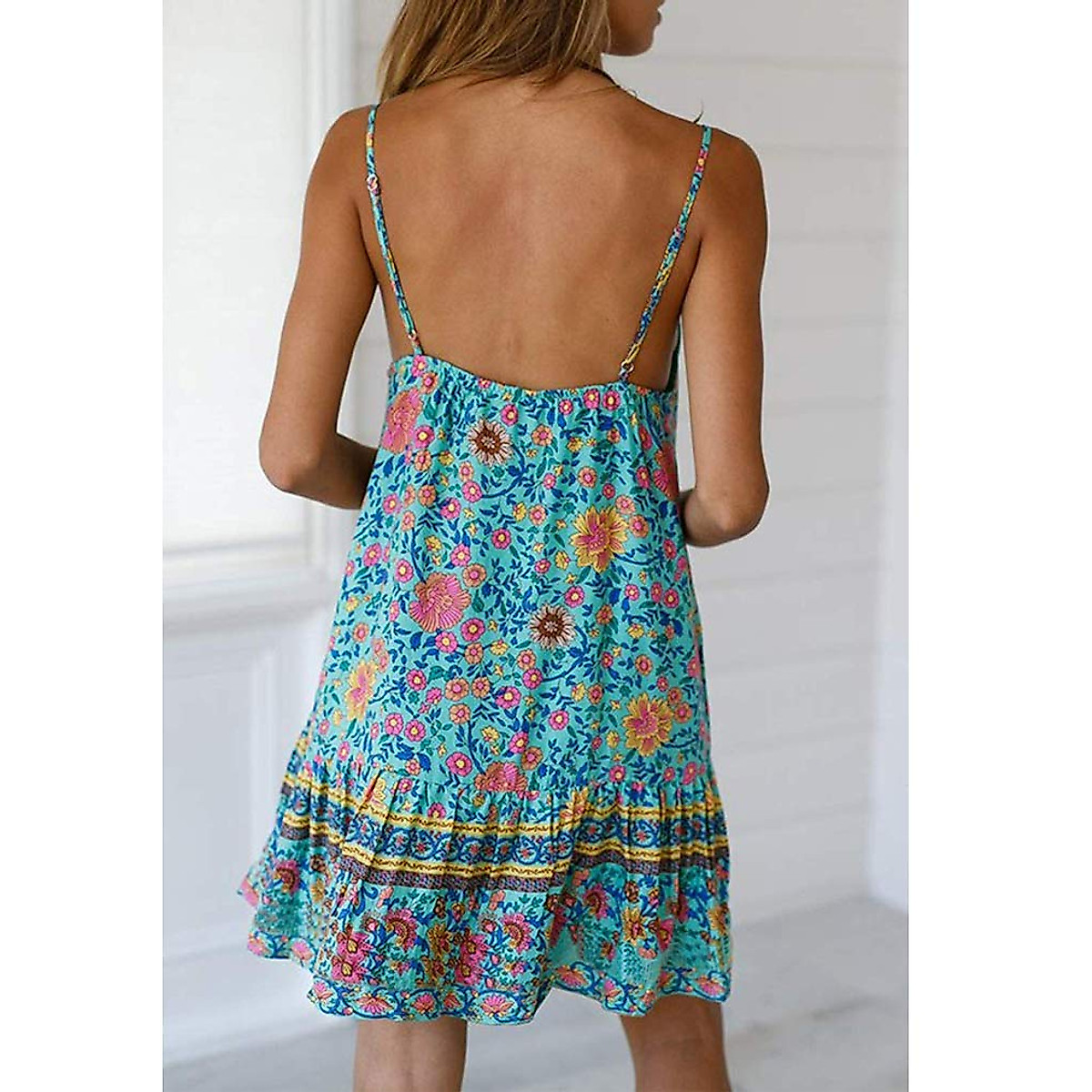 Summer Dresses for Women, Floral Print Sundress Straps Beach Dress Short Boho Dresses with Pocket Green M