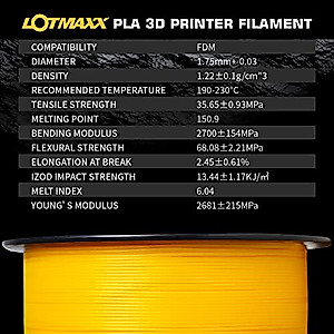 LOTMAXX PLA Filament 1.75mm PLA 3D Printer Filament, 1kg Spool (2.2lbs), Dimensional Accuracy +/- 0.03mm, Fit Most FDM Printer(Yellow)