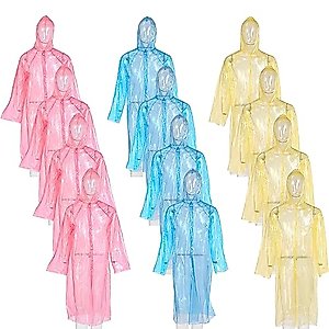 AYWVRBST 12 Pack Disposable Clear Rain Ponchos with Hood for Adults,51.1 Inches Emergency Raincoats for Camping Hiking Traveling (Red, Yellow, Blue)