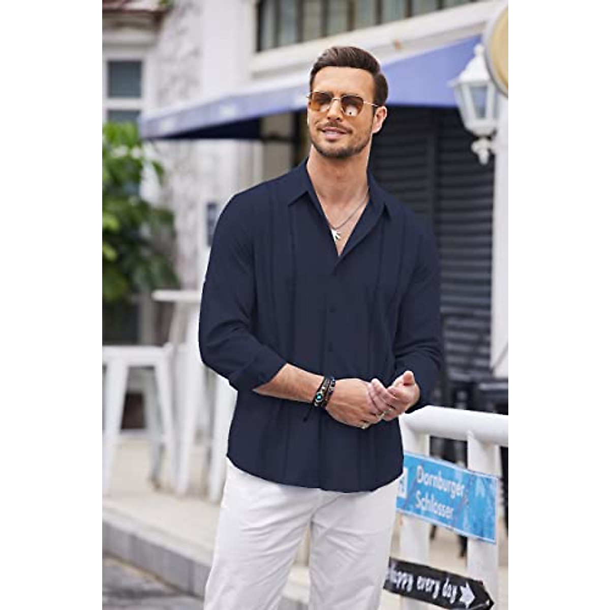 COOFANDY Men's Cuban Guayabera Shirts Casual Long Sleeve Button Down Shirt Summer Beach Tops Navy Blue