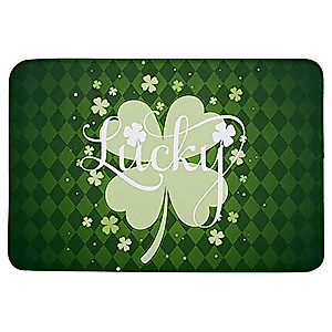 Front Door Mats Outdoor Indoor Kitchen Mat, St. Patrick's Day Lucky Shamrocks Clovers Green Diamond Plaid Entrance Doormat Non-Slip Bathroom Rugs Washable Floor Mats for Sink/Porch, 16" x 24"