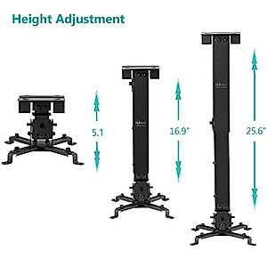 WALI Universal Projector Ceiling Mount Multiple Adjustment Bracket with 25.6 inches Extension Pole, Hold up to 44 lbs (PM-001-BLK), Black