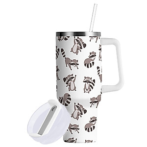 IHCVHQX Tumbler with Handle and Straw 40oz Funny Cute Cartoon Raccoon Insulated Tumbler Cups Stainless Steel Travel Coffee Mug