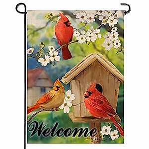 Artofy Welcome Summer Cardinal Red Birds Home Decorative Garden Flag, Birdhouse Yard Outside Decor, Spring Farmhouse Outdoor Small Burlap Double Sided 12x18