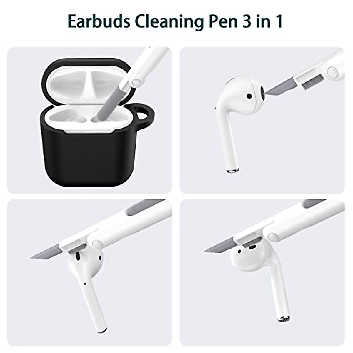 R-fun AirPods 2nd Generation & 1st Generation Case Cover with Cleaner kit and Earbuds Hook Cover (2Pairs),Soft Silicone Protective Case for Apple AirPods- Black