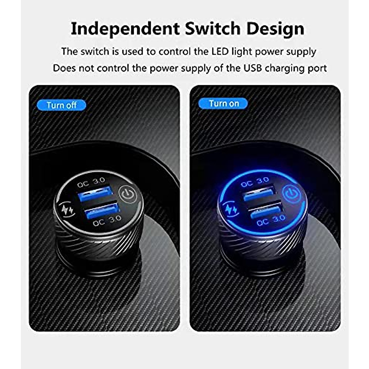 KEWIG Car Charger, 36W 3A Fast Car Charger Adapter, Dual QC3.0 USB Car Charger Fast Charge with Blue LED & ON/Off Switch