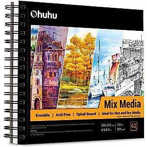 Mix Media Pad, Ohuhu Square 8.3"x8.3" (Inner Size) Mixed Media Art Sketchbook, 120 LB/200 GSM Heavyweight Papers, 62 Sheets/124 Pages, Spiral Bound Mixed Media Paper Pad for Christmas Gift