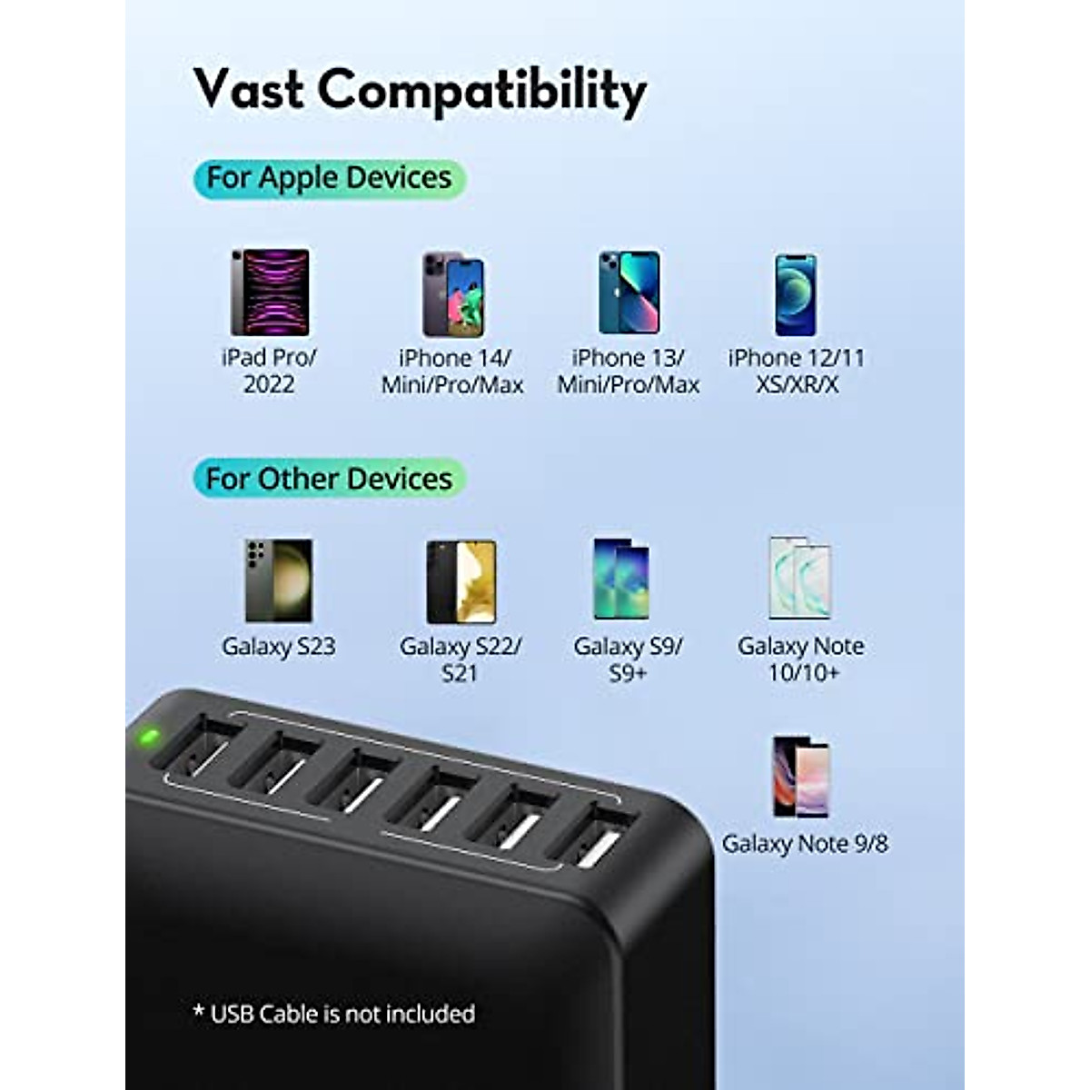USB Charger 60W USB Charging Hub 12A 6-Port Desktop USB Charging Station with Multiple Port Compatible with iPhone 14 Pro Max 13 Pro Max Mini 12 Pro Max, iPad Pro Air Galaxy S23 Edge Note Tablet Black