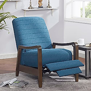 64" Push Back Recliner, Living Room Chair Fabric Mid-Century Modern Push Back Single Recliner with Solid Wood Arms & Base High Back Comfortable Bedroom Armchair for Office, Home Theater (Blue)