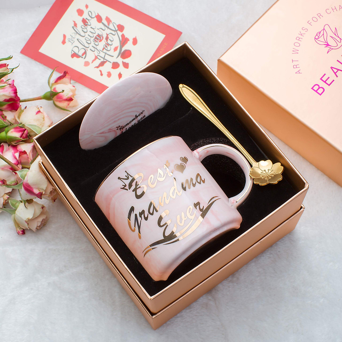 Luspan Best Grandma Gifts - Gifts for Grandma - Best Grandma Ever Pink Marble Ceramic Coffee Mug 11.5oz and Lid