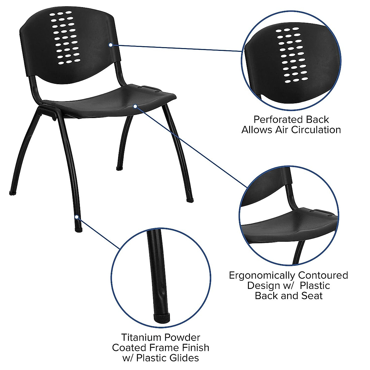 Flash Furniture 5 Pack HERCULES Series 880 lb. Capacity Black Plastic Stack Chair with Oval Cutout Back and Black Frame