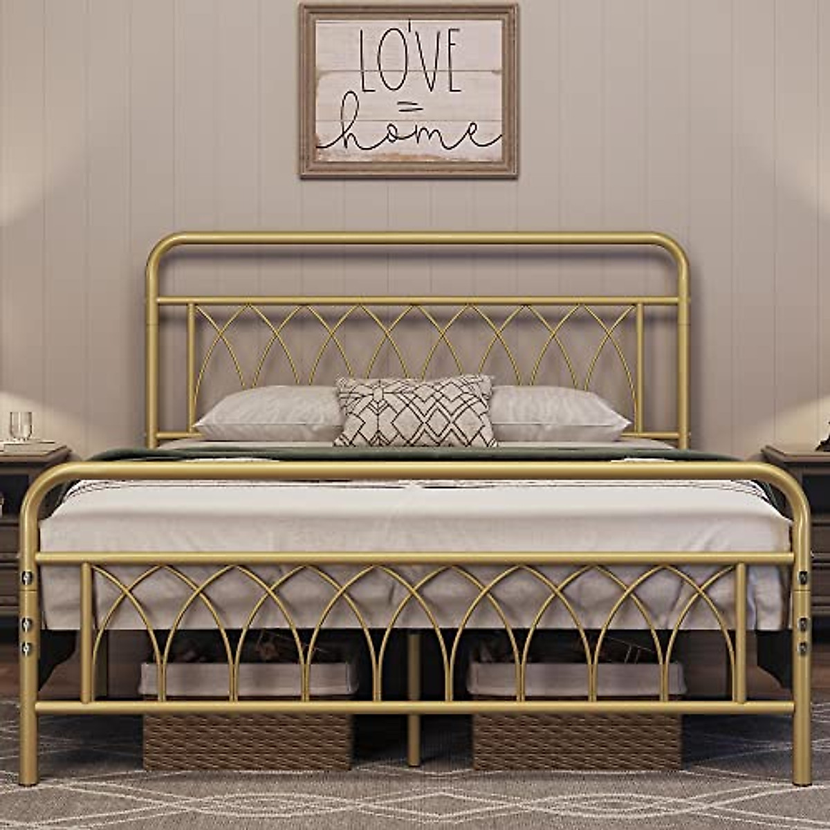Topeakmart Metal Full Bed Frame Platform Bed with Petal Accented Headboard and Footboard, Ample Under-Bed Storage, Heavy Duty Steel Slat Support, No Box Spring Needed, Antique Gold