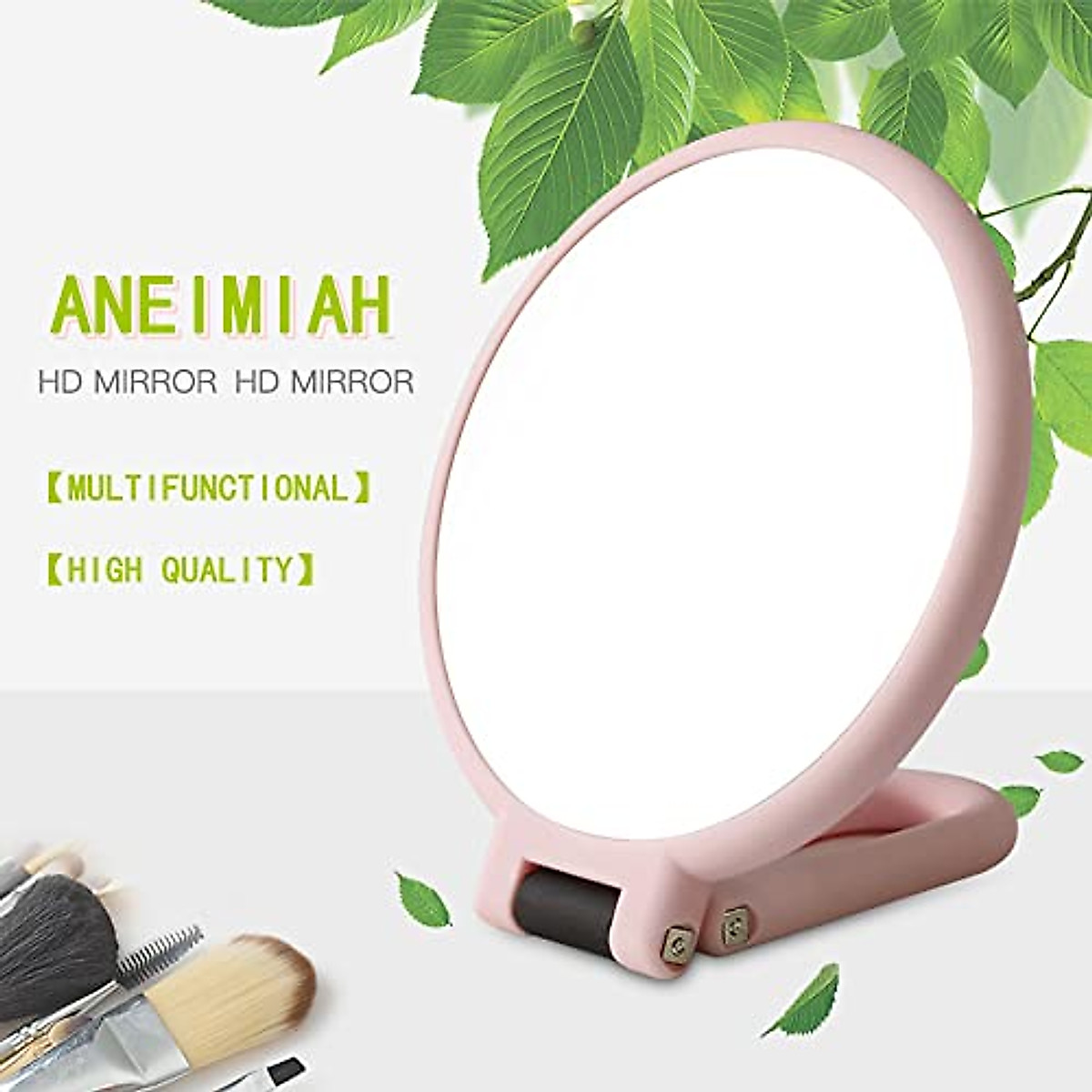 ANEIMIAH 1x 5X Magnifying Travel Hand Held Vanity Mirror,Compact Double Side Folding Magnification Hand Mirror for Women with 360°Rotating Handle Table Desk Small Round Make up Mirrors Pink
