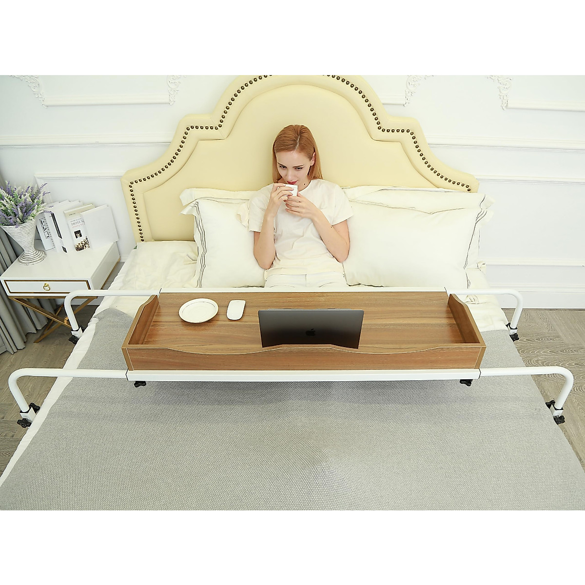 UNICOO - Overbed Table with Wheels for Full/Queen/King Beds Height&Width Adjustable Rolling Bed Desk Rolling Medical Table (Ancient Oak - 202)