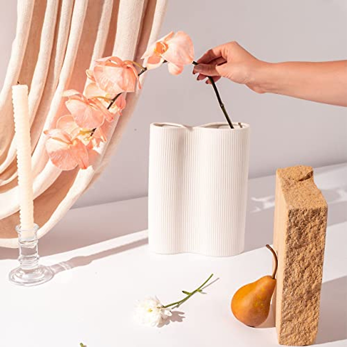 Luxe Infinity White Vase. 9” Ribbed Vase for Flowers. Organic Modern Home Decor. Pampas Grass Vase. Fluted Vase. Modern Vase. Aesthetic Vase. Tall White Flower Vase for Decor. White Ceramic Vase